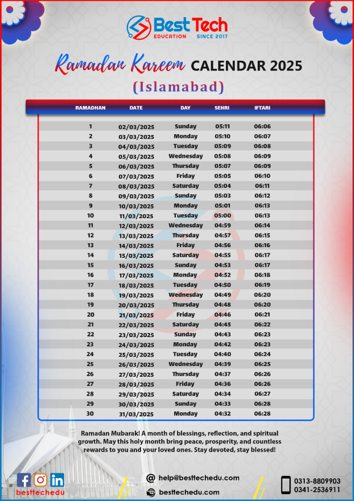 Ramadan Calendar 2025 Islamabad (SEHRI & IFTAR TIME) - Best Tech Education
